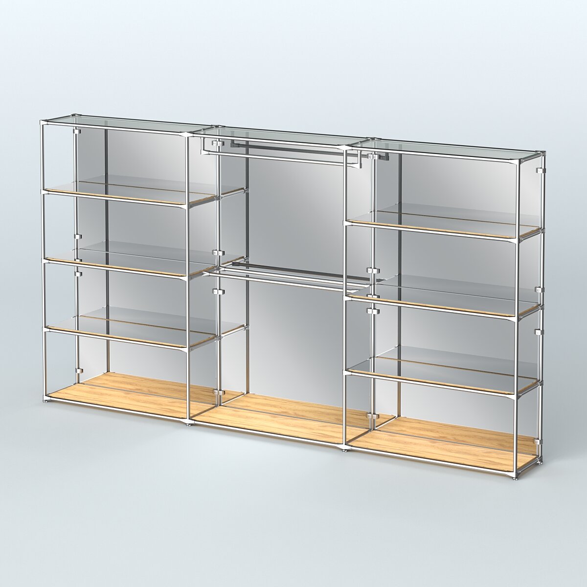 Торговая система хром (задняя стенка - зеркало) 3600 мм с зеркальными полками и поручнями №1, Дуб Золотистый