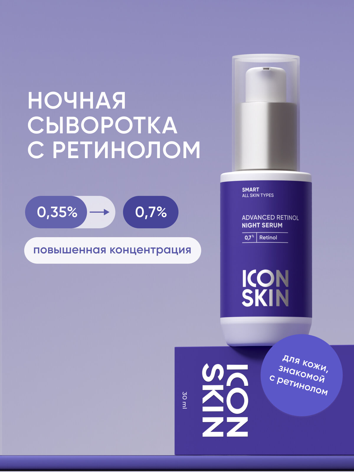 Сыворотка для лица ночная с ретинолом 0,7% для всех типов кожи ICON SKIN SMART, 30мл