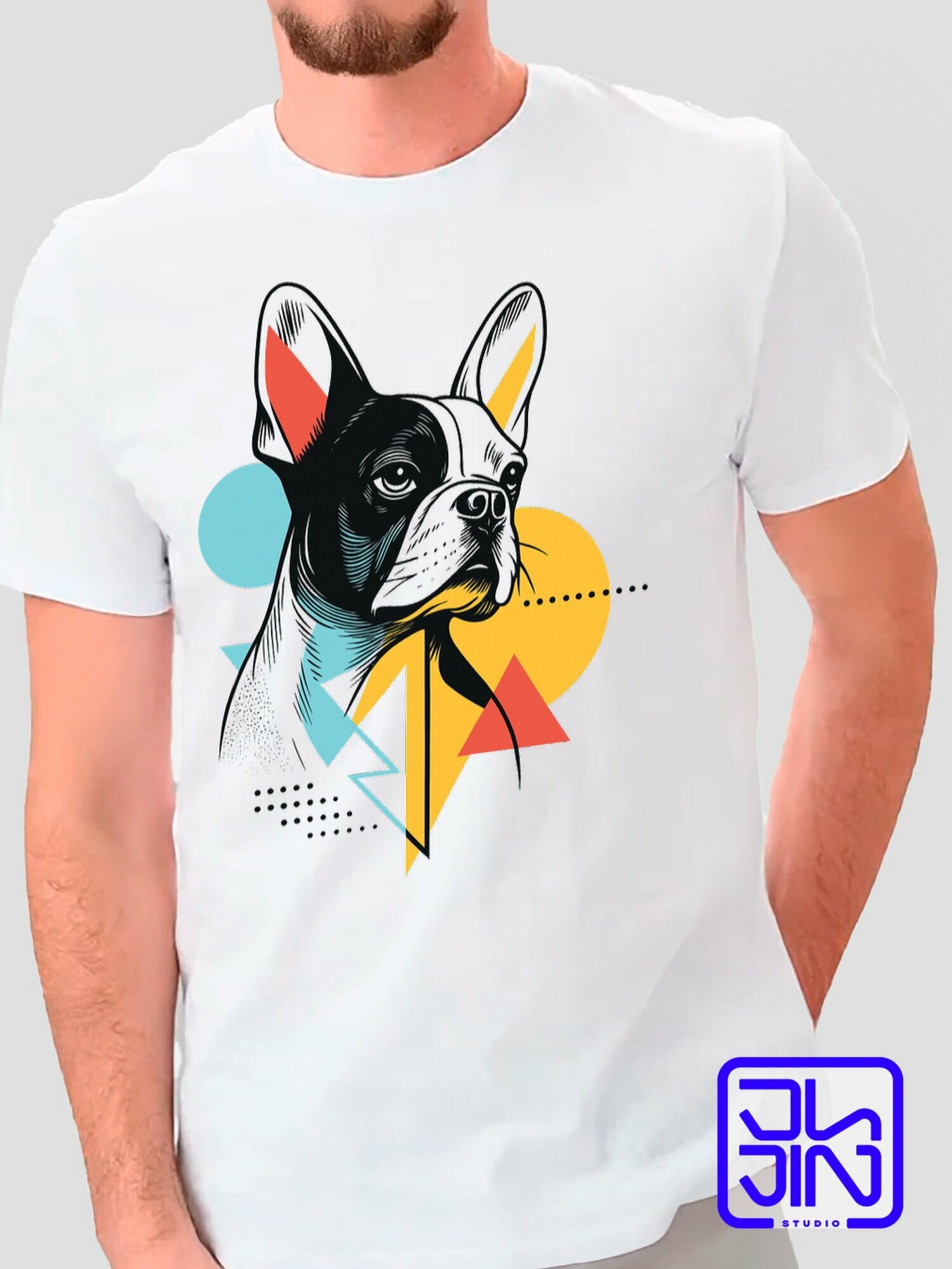 Футболка классическая мужская с авторским принтом Черно-белая геометрическая композиция с собакой и темно-серыми треугольниками, белый хлопковый трикотаж с прикольным рисунком на груди