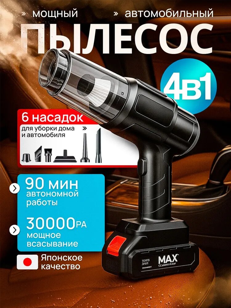 Автомобильный пылесос беспроводной аккумуляторный мощный 4 в 1, воздуходув, вакууматор, 6 насадок
