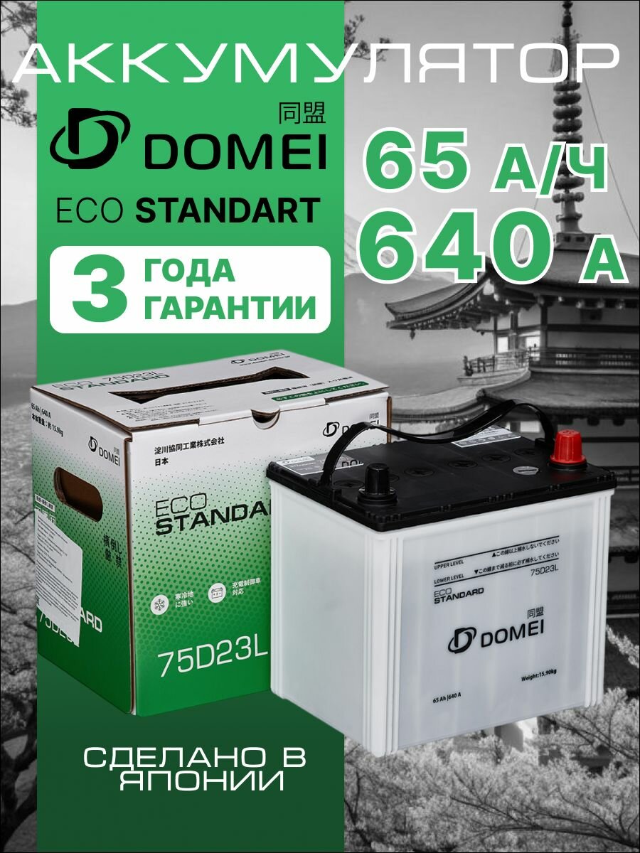 Аккумулятор автомобильный 65 Ач 640 А обратная полярность DOMEI 75D23L