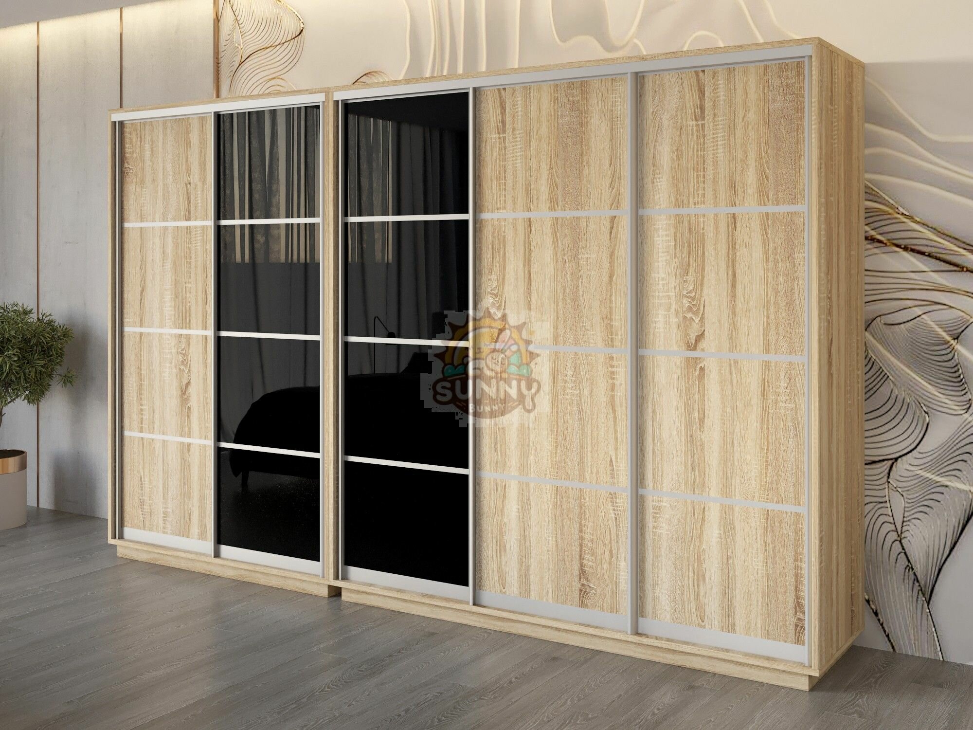 Шкаф-купе Флорида 5дв. (2+3) ЛДСП 3/Стекло черное 2, профиль серебро, 300х60х220 см. Сонома