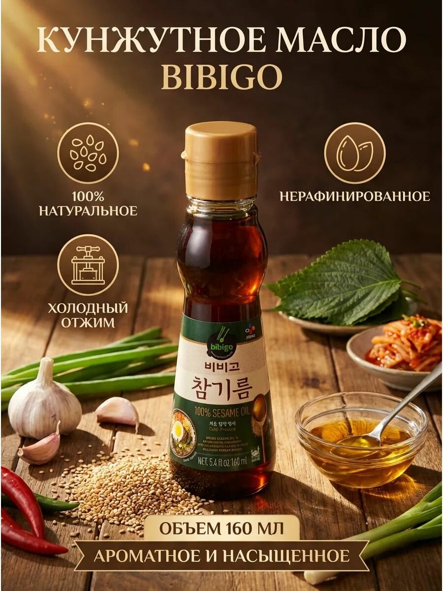 Корейское натуральное кунжутное масло Bibigo от CJ, нерафинированное, 160 мл