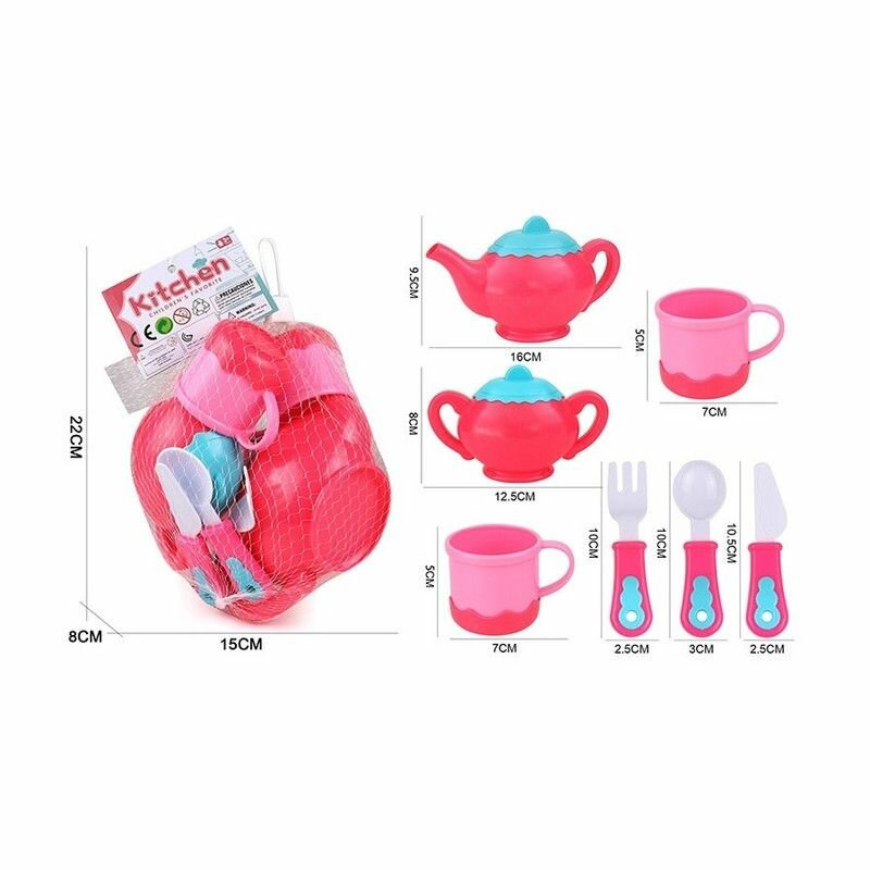 Набор посуды детский КНР Ягодка, розовый пластиковый, 7 предметов, в сетке