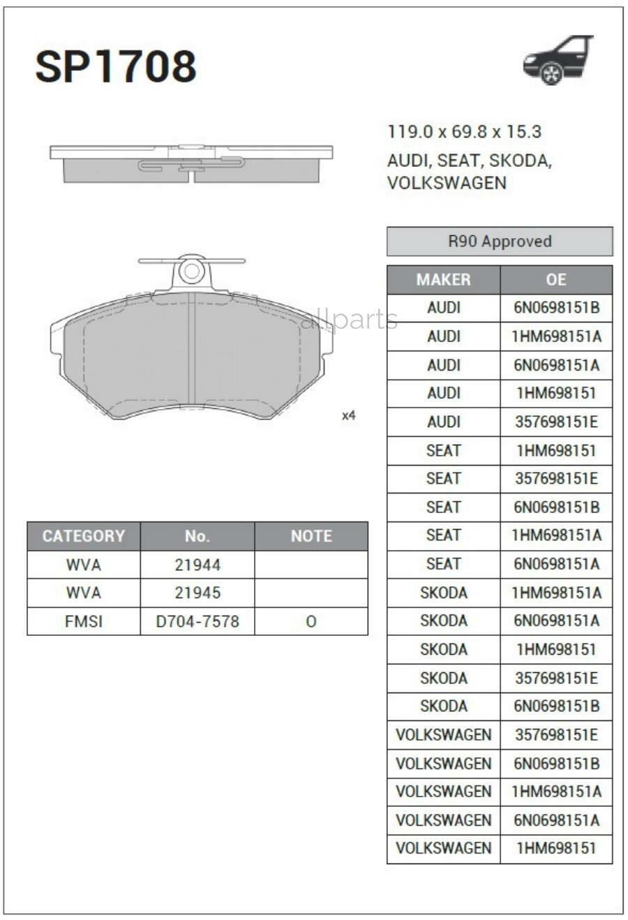 SANGSIN BRAKE SP1708 Колодки торм. дисковые Hi-Q SEAT IBIZA II (6K1) 93-99 (D704)