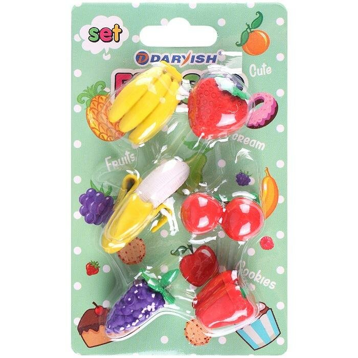 Набор ластиков Darvish 6 шт, Фрукты и ягоды, блистер с европодвесом