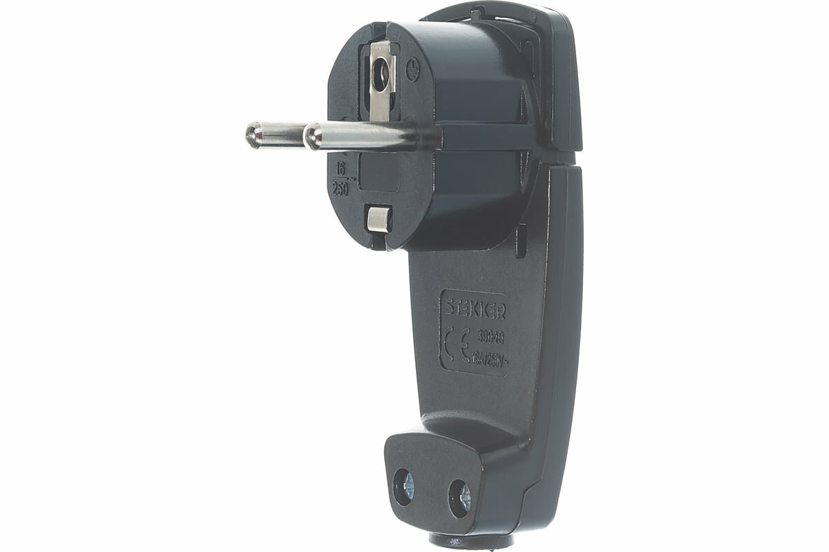 Угловая вилка STEKKER плоская с кольцом, с заземлением, 250В,16A, IP20, черная, PPG16-45-202 39040