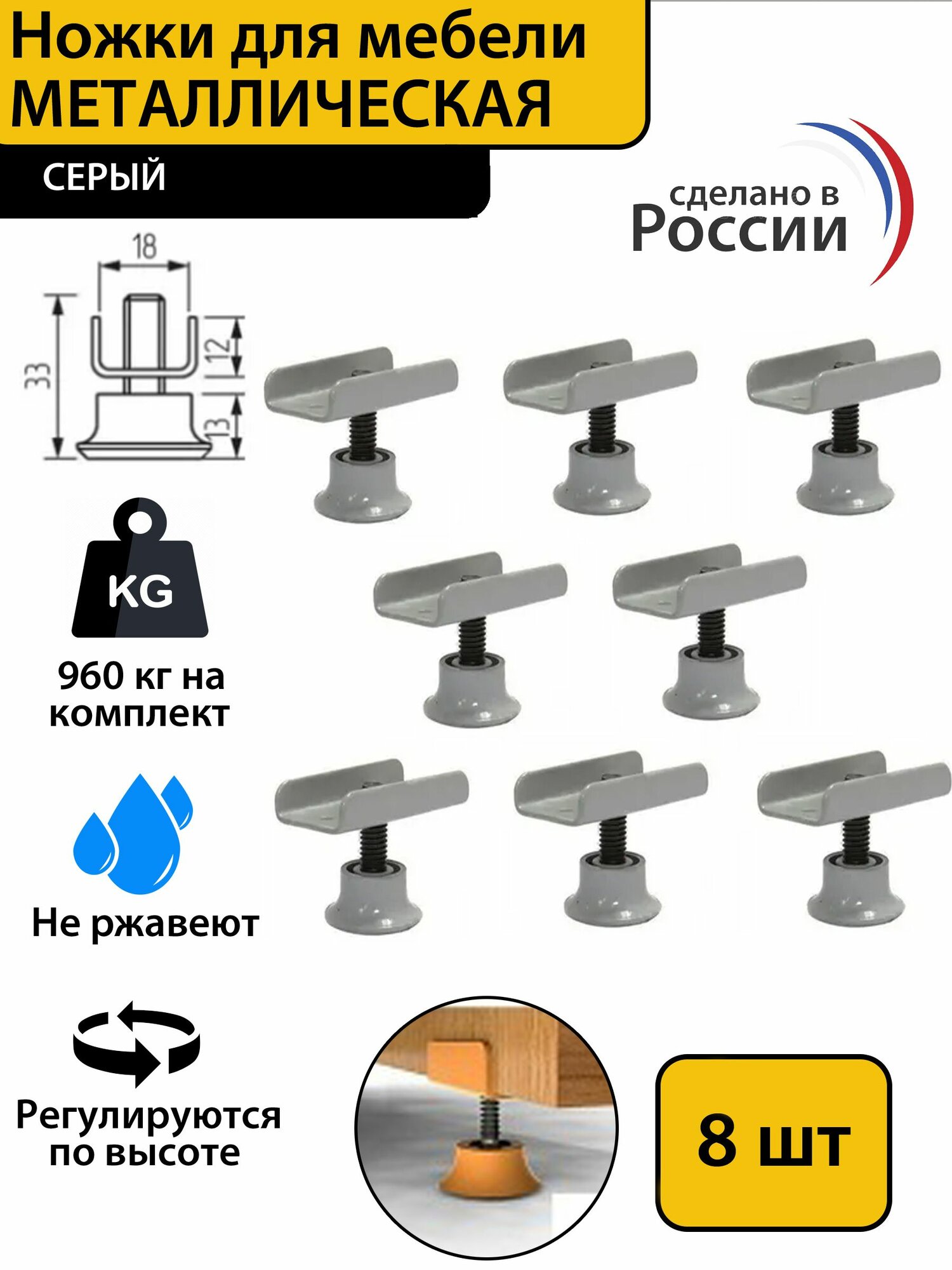 Опора мебельная регулируемая под ЛДСП металлическая 12-30мм М8, серый, 8 штук