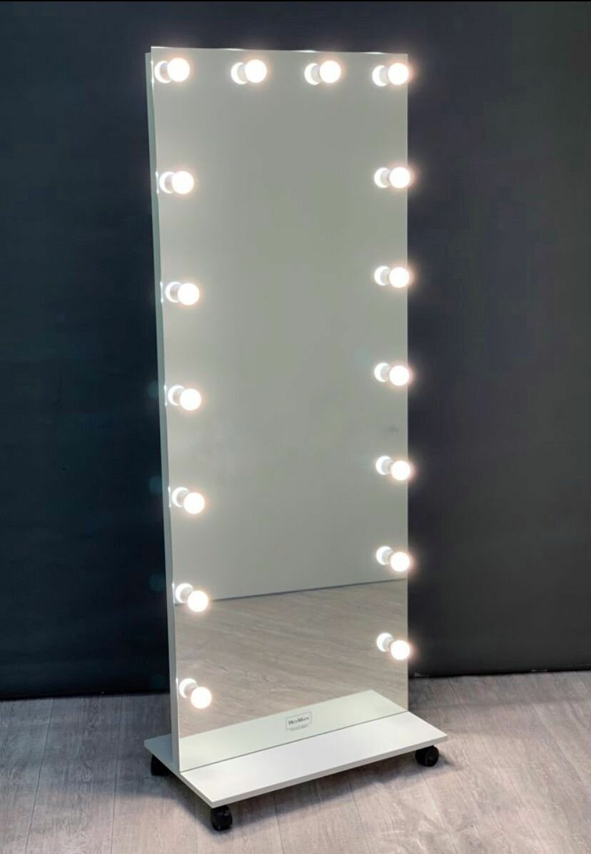 Гримёрное зеркало цельное безрамное 170х70 напольное с подставкой и с лампочками макияжное косметическое с подсветкой