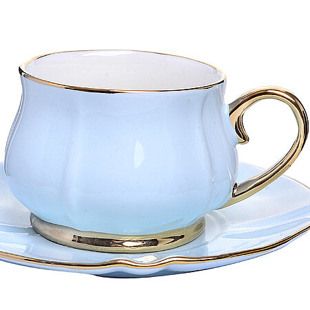 Чайная пара 200 мл. "Премиум" костяной фарфор голубая с золотой каймой