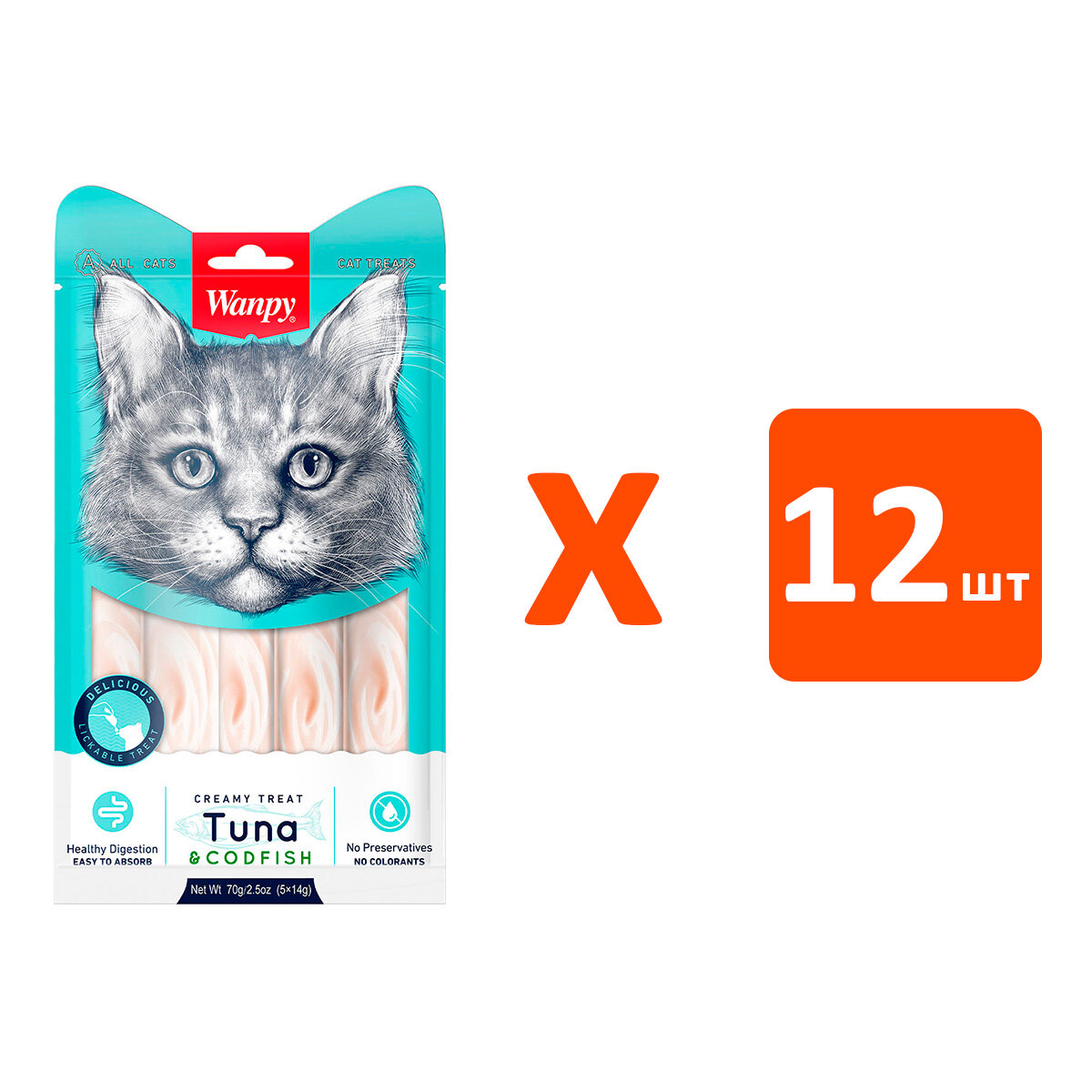 Лакомство WANPY CAT для кошек нежное пюре с тунцом и треской (70 гр х 12 шт)