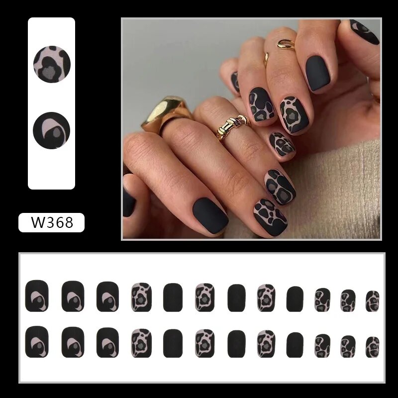 Накладные ногти W368, черные с рисунком, 24 шт.