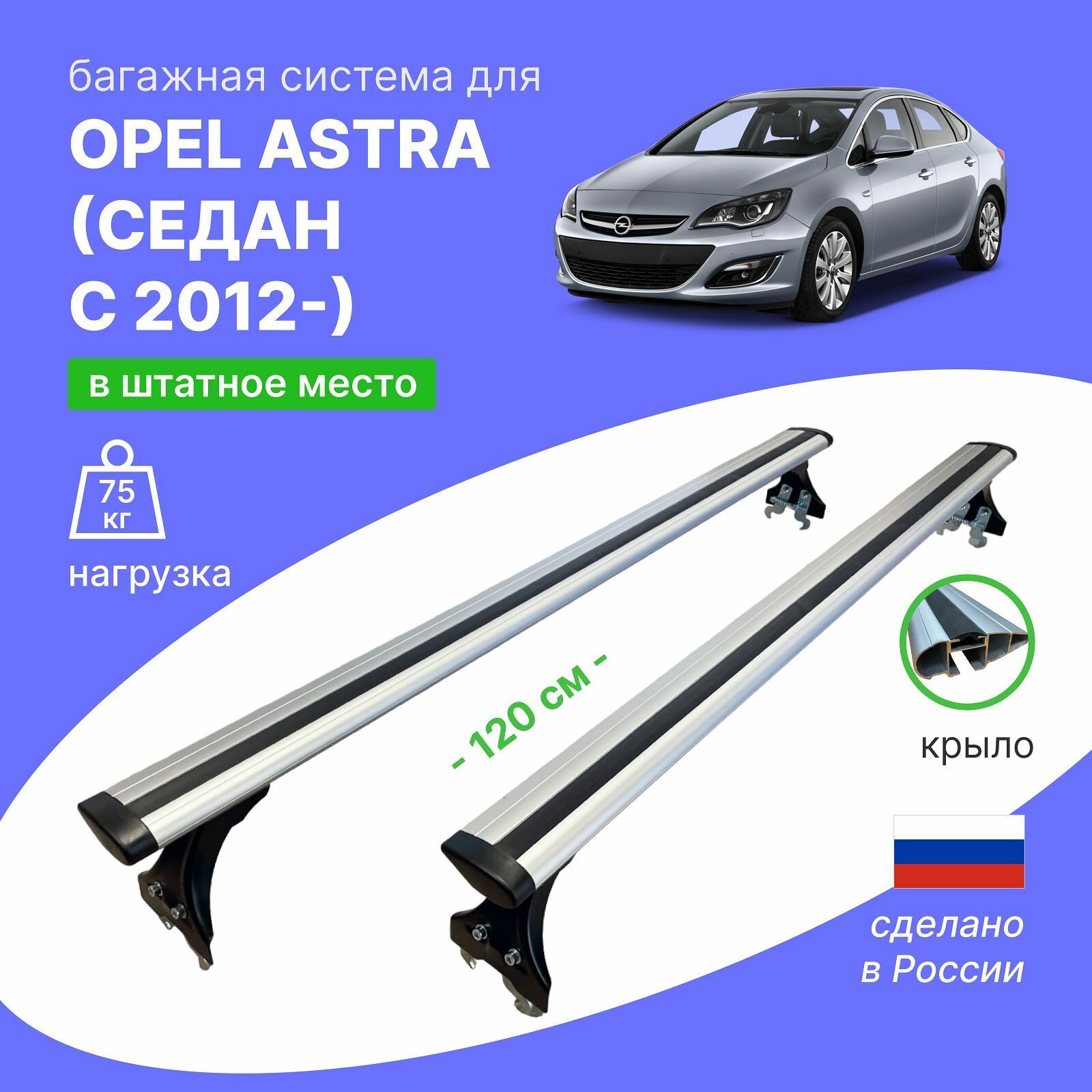 Багажник Delta крыло silver, на крышу автомобиля Opel Astra (Опель Астра седан с 2012-) в штатное место