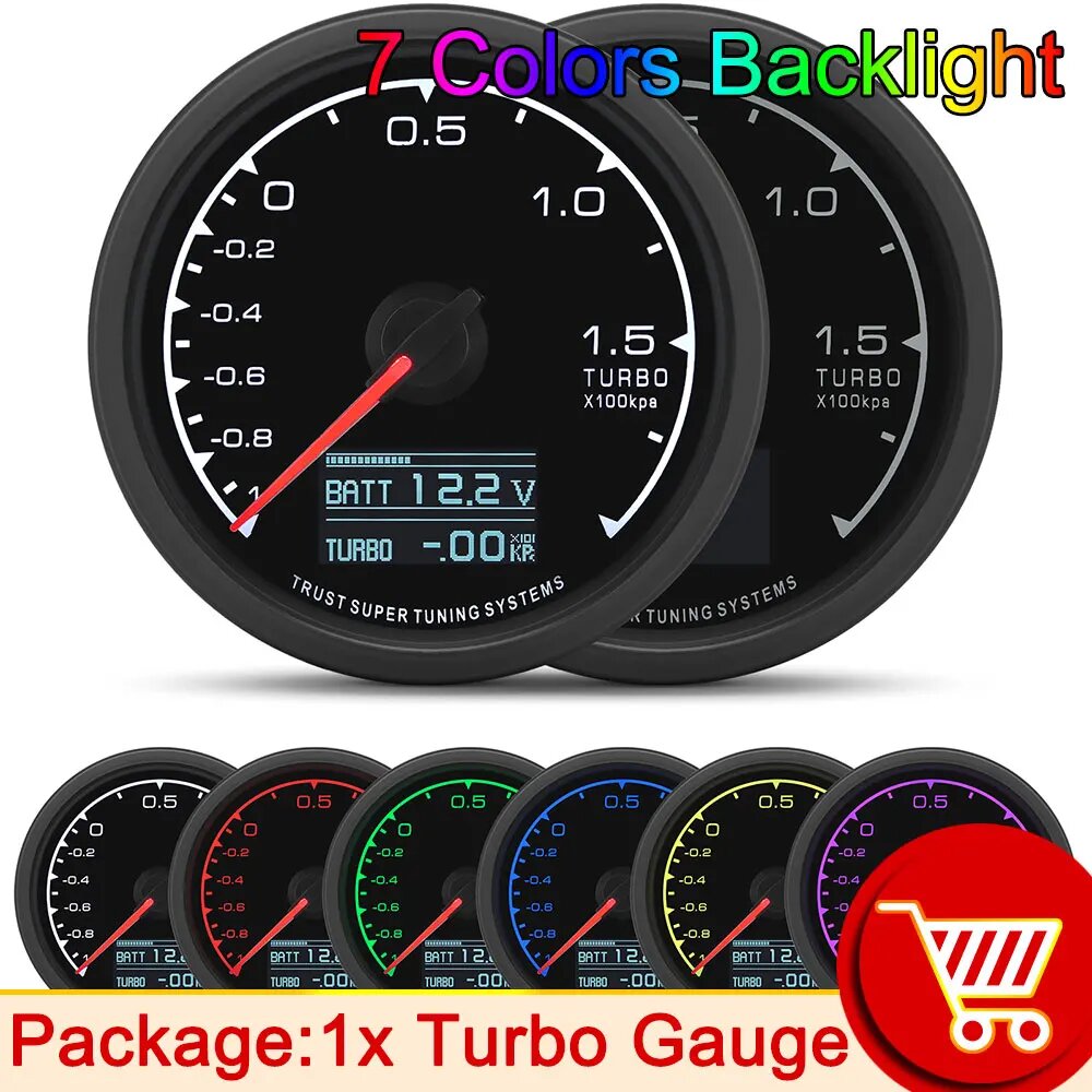 7-цветный датчик турбонаддува 62 мм, измеритель наддува 150 кПа, гоночный датчик, автомобильный датчик с держателем, дисплей напряжения, цифровой ЖК-дисплей