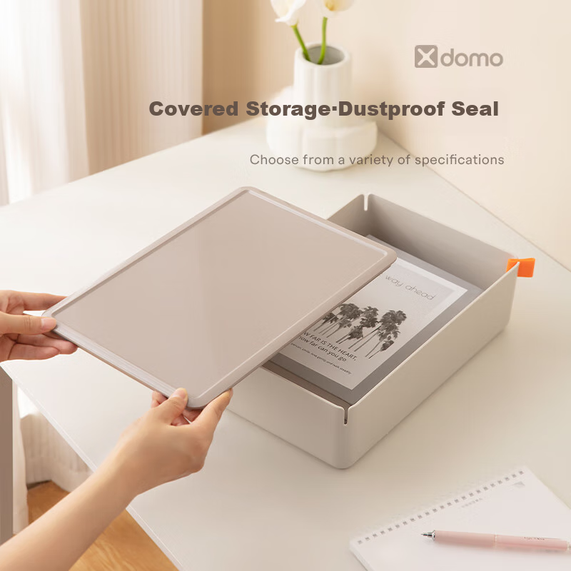 Deli Xdomo Series Storage Box with Lid, Office Desk Makeup Organizer with Silicone Clasp, Pink Medium Size XDM12