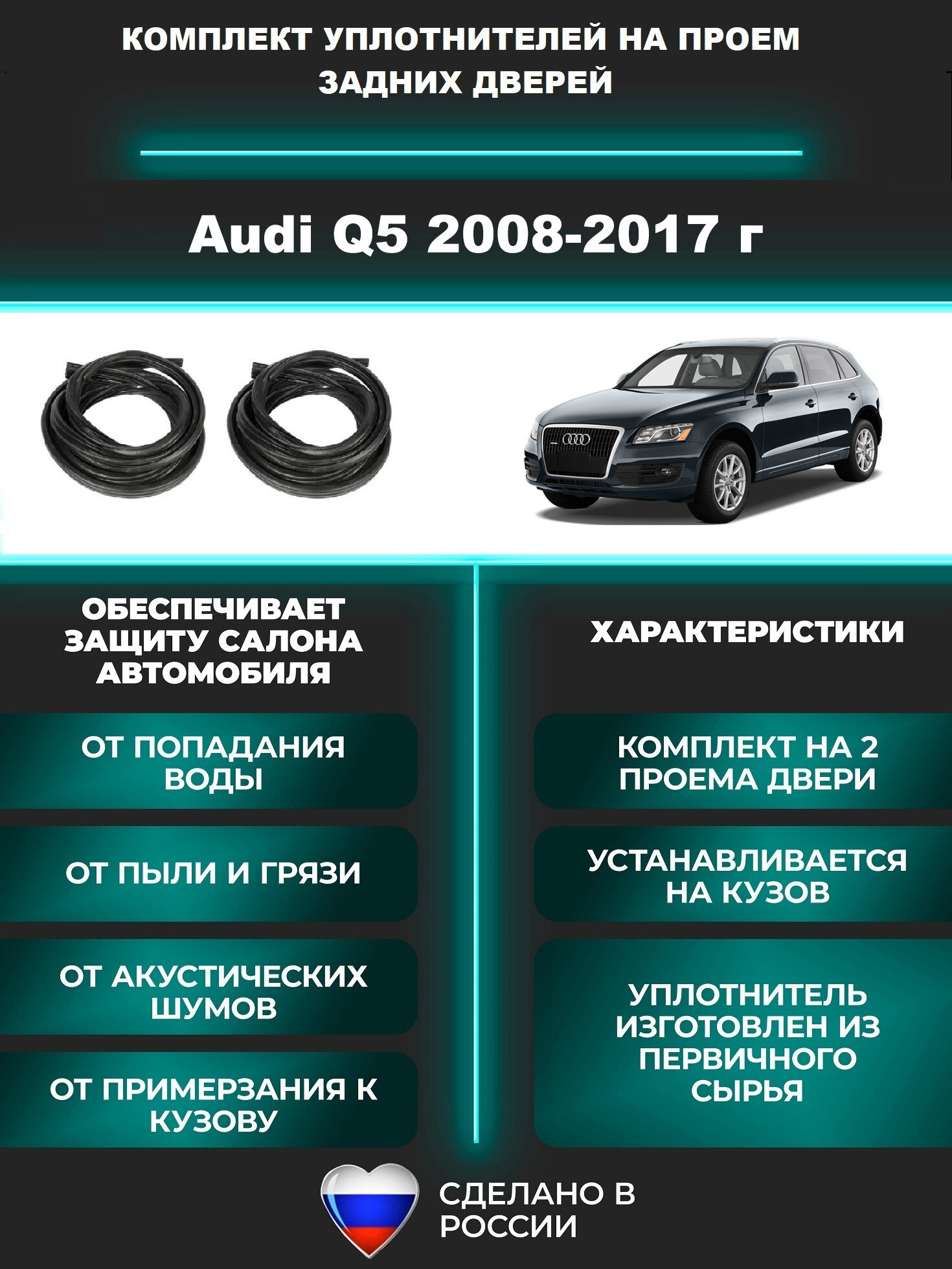 Комплект уплотнителей проема задних дверей Audi Q5 2008-2017 г / на заднюю правую и левую пассажирскую дверь Ауди Ку 5 - 2 шт