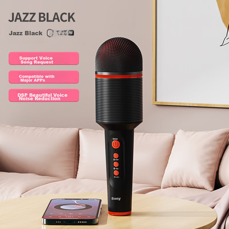 Soaiy MC8AI Version Wireless Karaoke Mobile Microphone, Live Streaming Recording Host Sound Card Kit, Singing Device, All-In Wireless Bluetooth Home KTV, Jazz Black