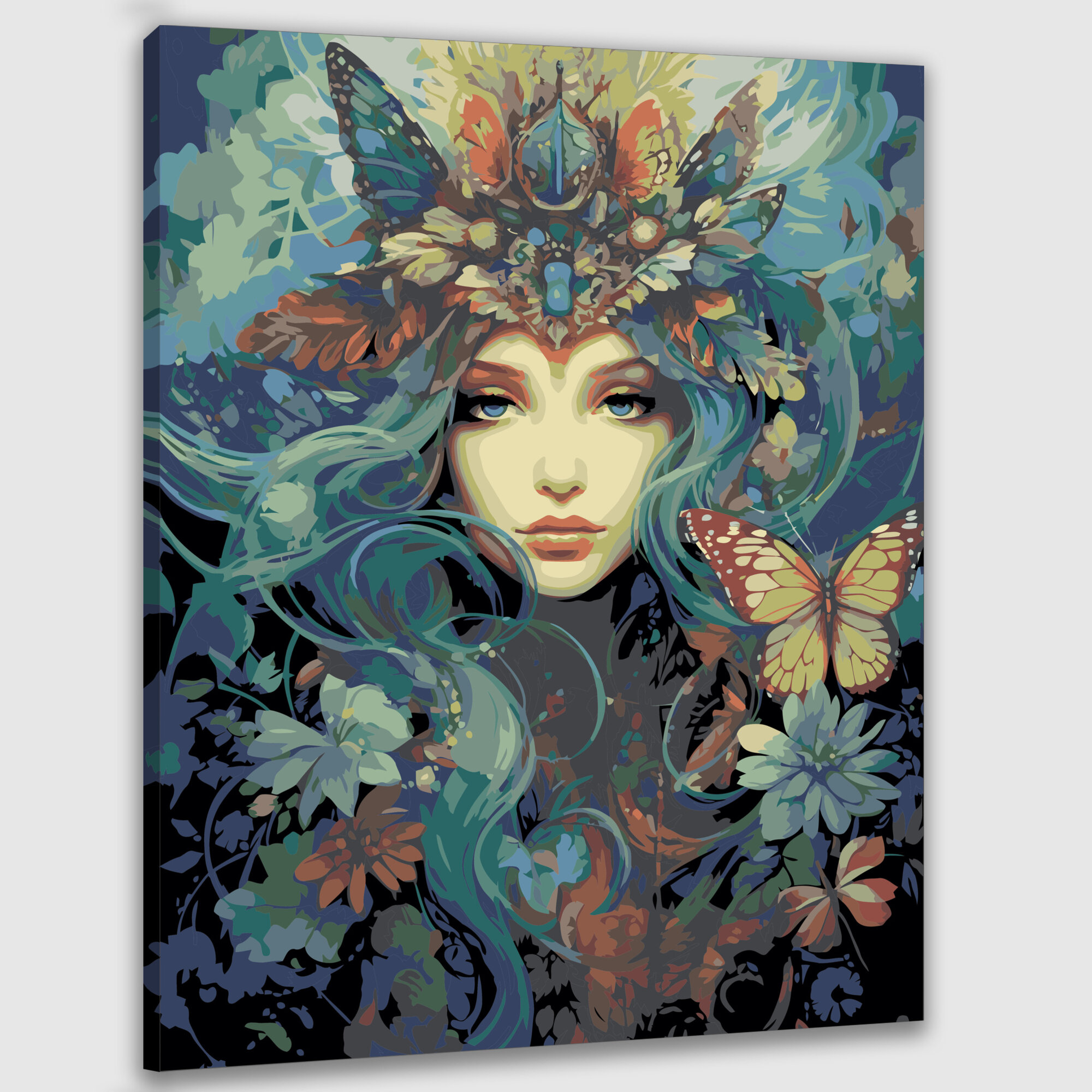 Картина по номерам 40x50 см, акриловая картина, фея, голубые крылья, калейдоскоп красок, фантастический сад