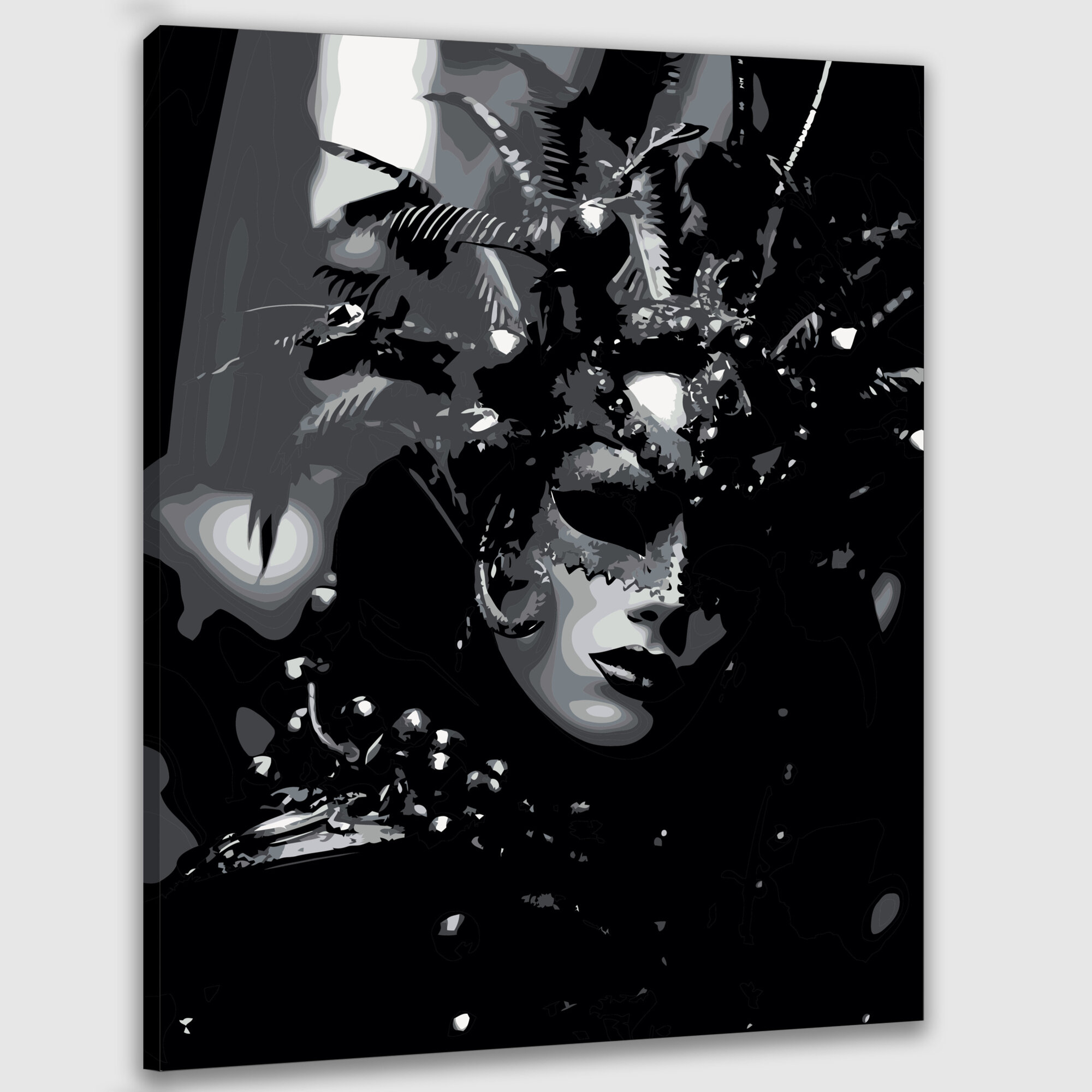 Картина по номерам 40x50 см, фотография, черно-белая, маскарад, скомороши, костюмы, персонажи, маски, свет, тени