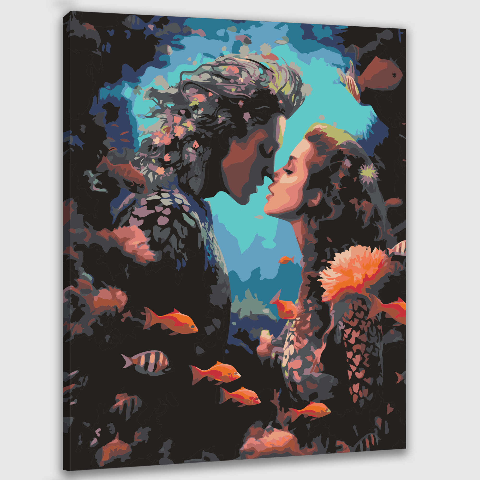 Картина по номерам 40x50 см, русалки, поцелуй, вода, коралловые рифы, морская флора, морская фауна, сюрреализм