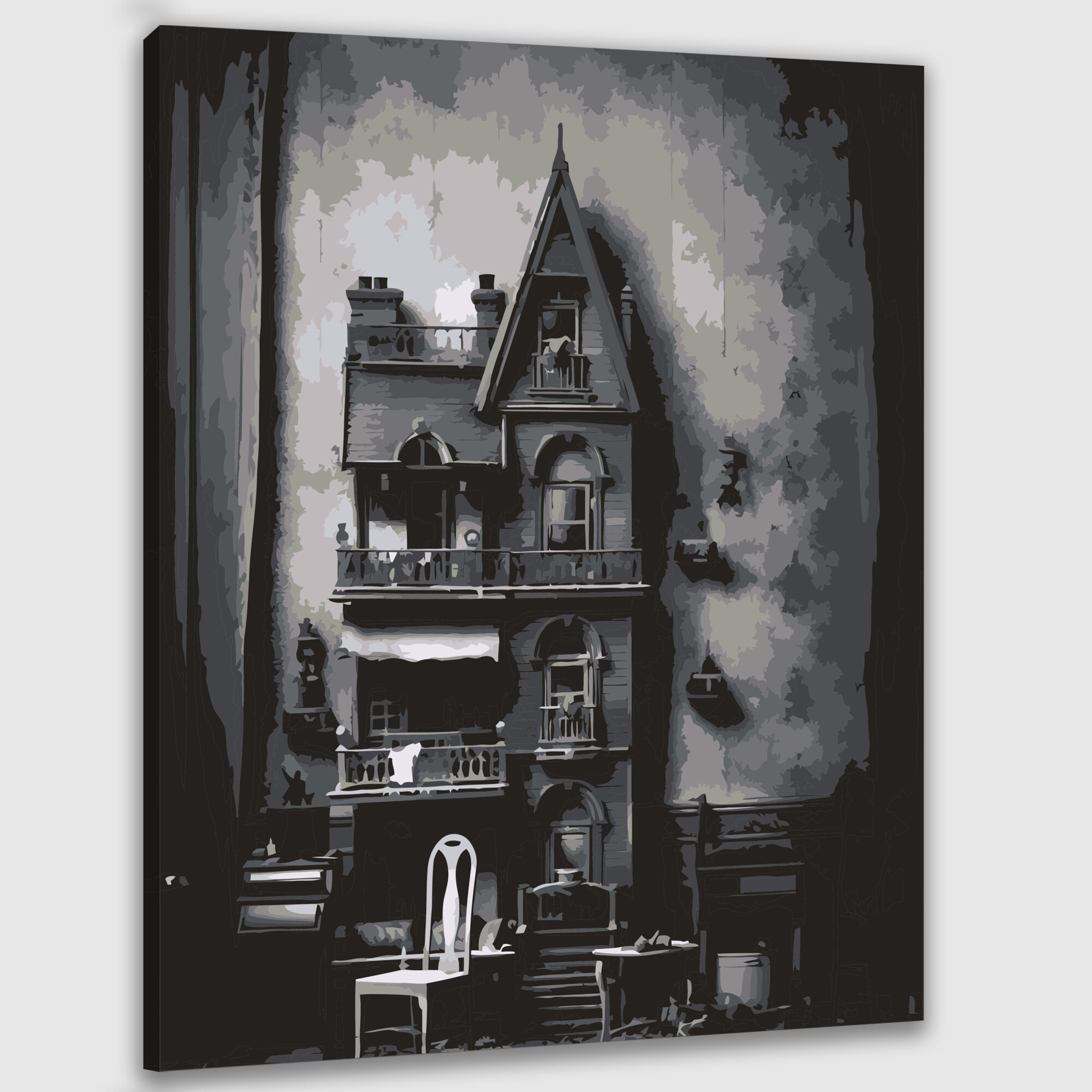 Картина по номерам 40x50 см, черно-белая фотография, жуткий домик, викторианский стиль, потрескавшийся внешний ви