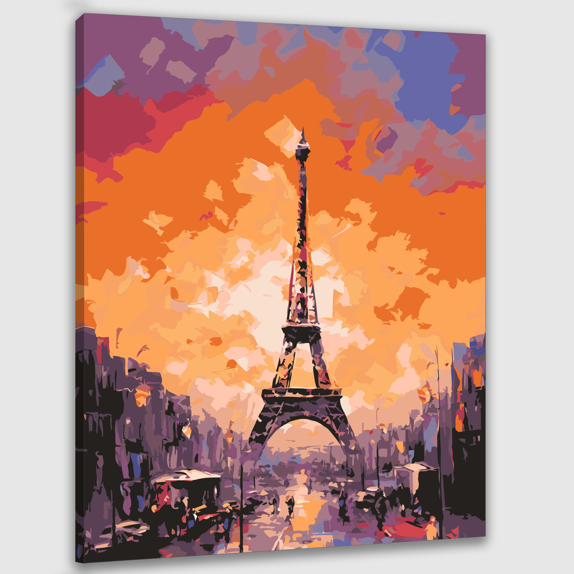 Картина по номерам 40x50 см, акриловая картина, Эйфелева башня, закат, силуэт, огненно-оранжевые, фиолетовые, Париж