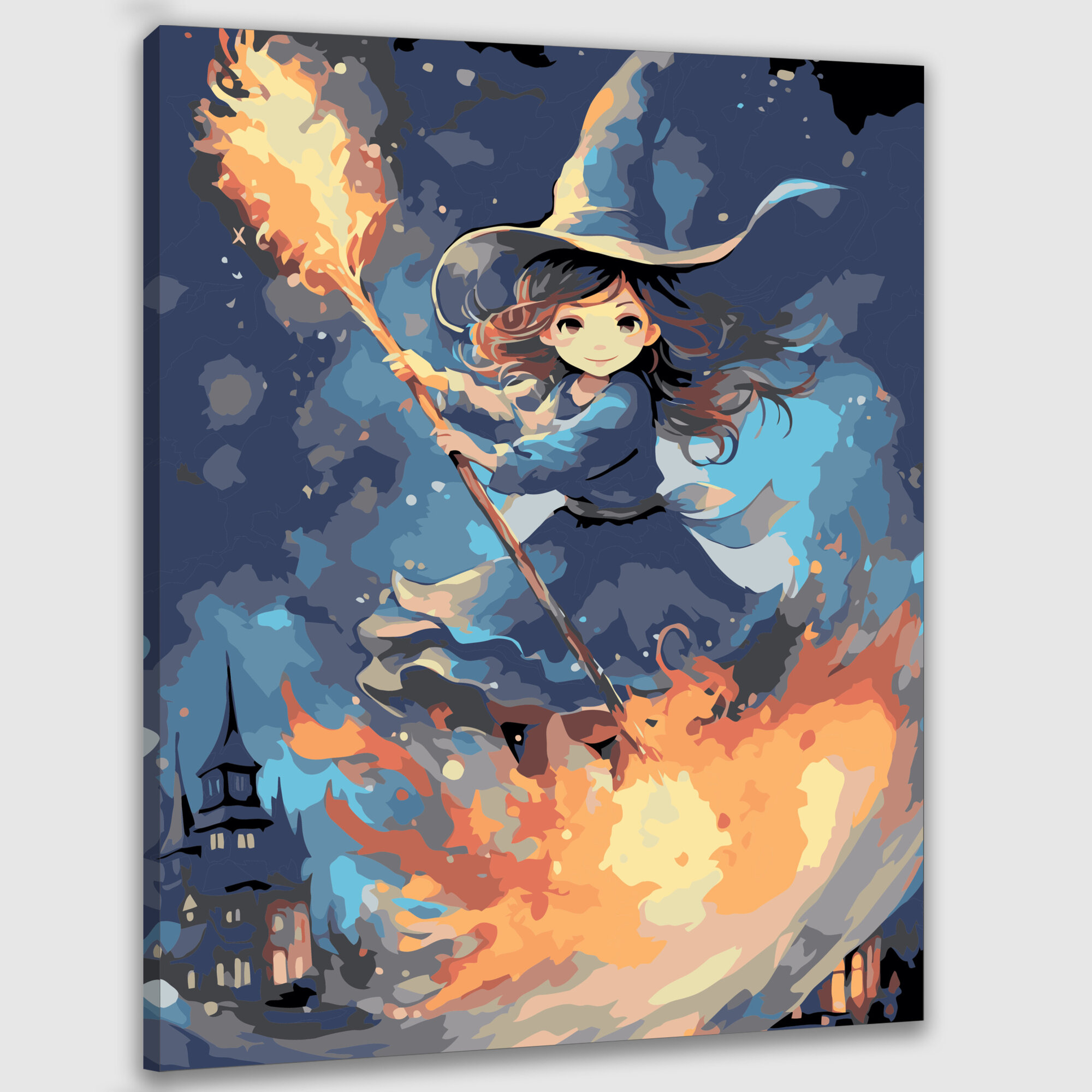 Картина по номерам 40x50 см, ведьма, акварель, иллюстрация, метла, луна, свет, небо, плащ, развевается, спина, шлейф