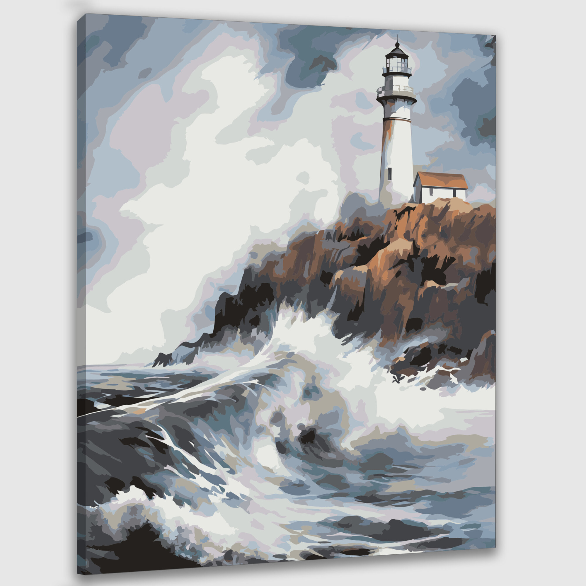 Картина по номерам 40x50 см, акварельная картина, маяк, скалистый утес, штормящее море, темные тучи, мощные волны