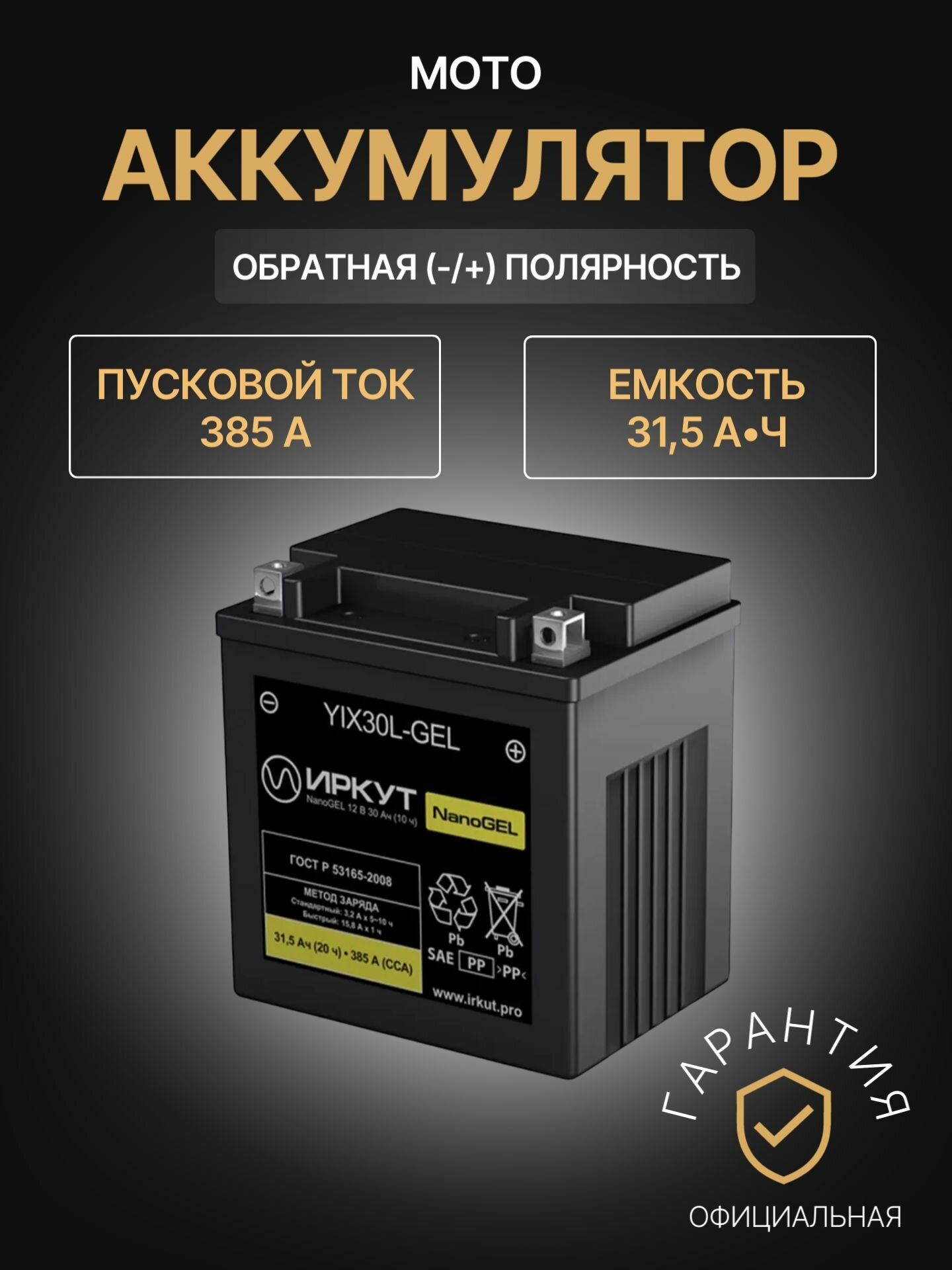 Аккумулятор для мототехники Иркут YIX30L-GEL 12В 31,5Ач 385А, Обратная полярность