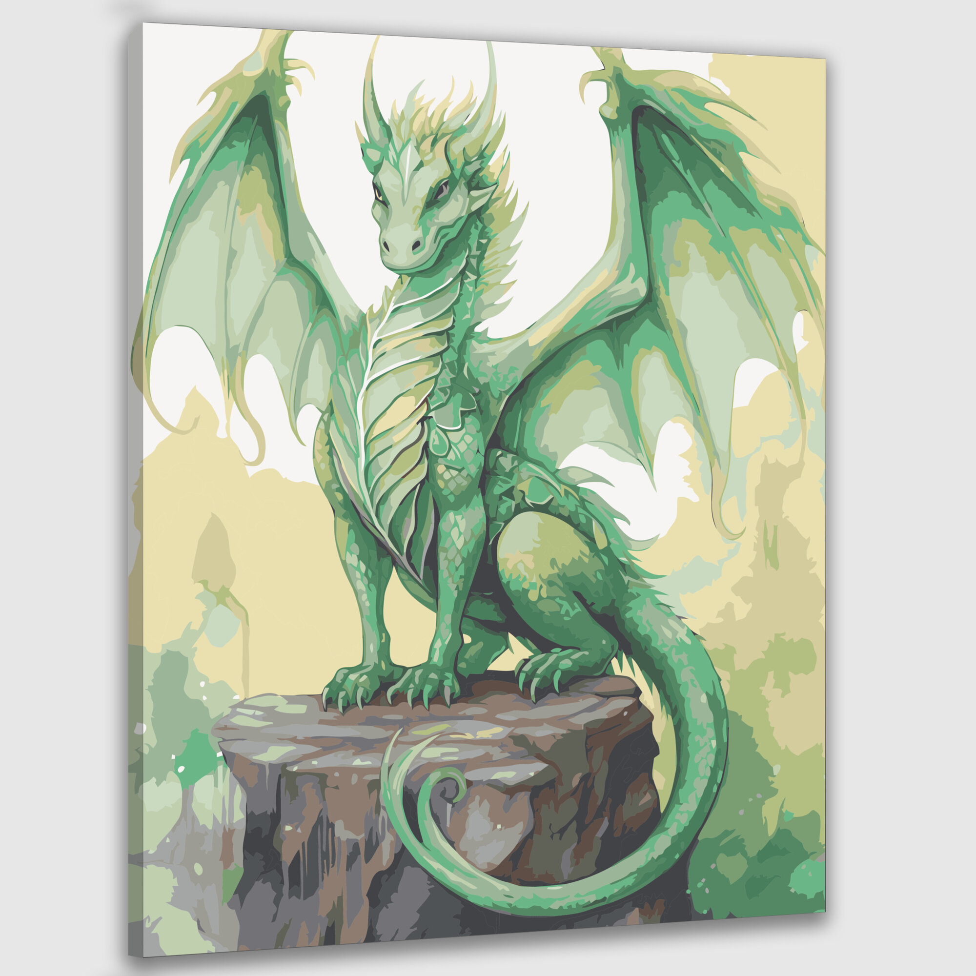 Картина по номерам 40x50 см, дракон, зеленый, деревянный, чешуя, крылья, сияние, рассвет, иллюстрация, акварельная