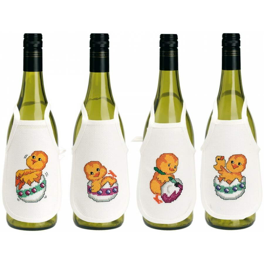 Фартучки на бутылки Цыплята, набор для вышивания 4 шт 10 х 15 см PERMIN 78-9570