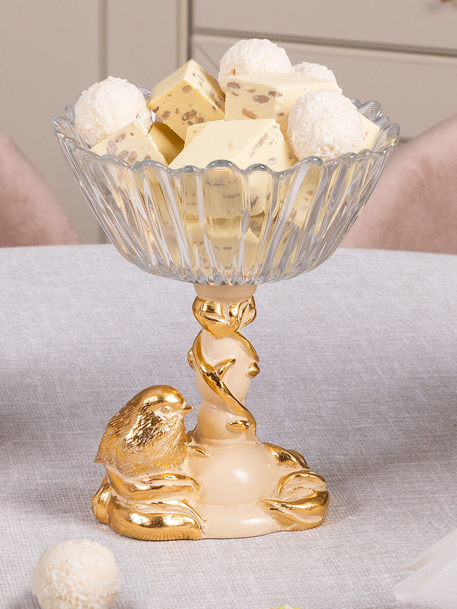 Фруктовница-конфетница из мрамора и стекла на ножке BOGACHO с птичкой