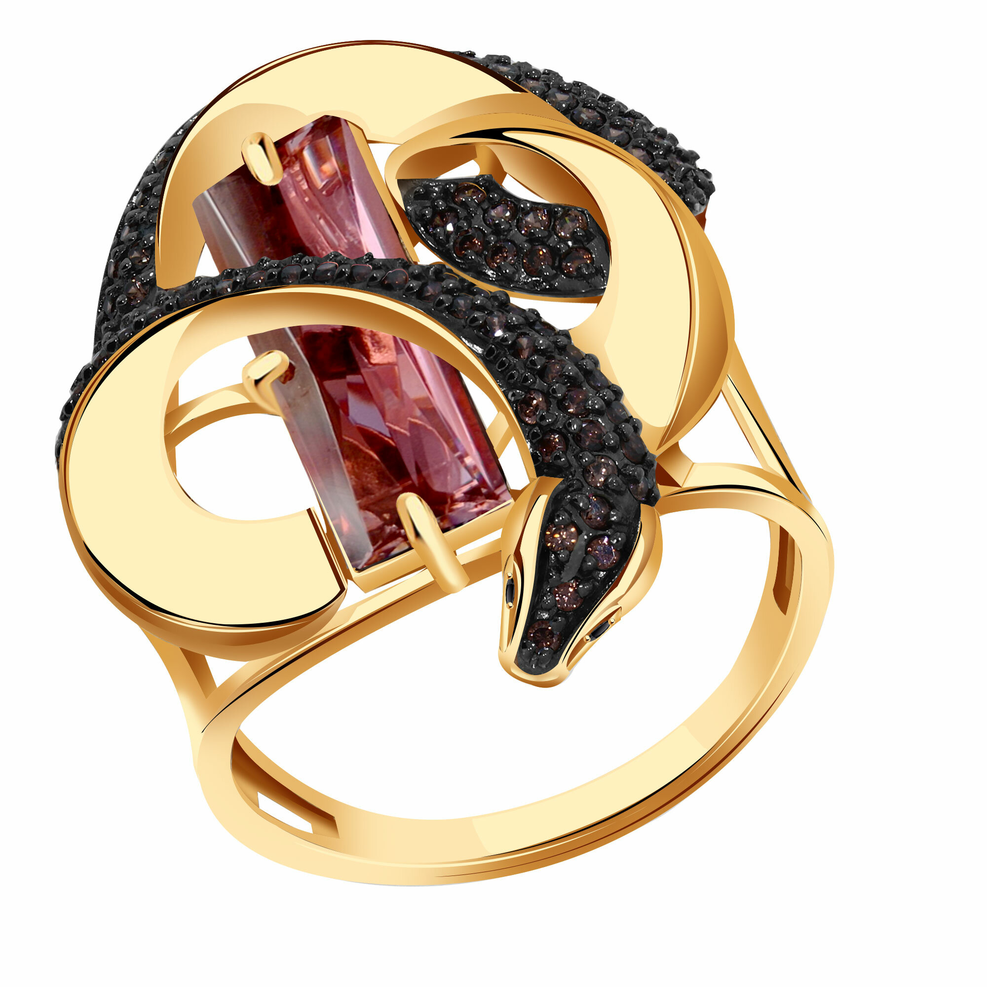 Кольцо широкое, красное золото, 585 проба, фианит, родолит