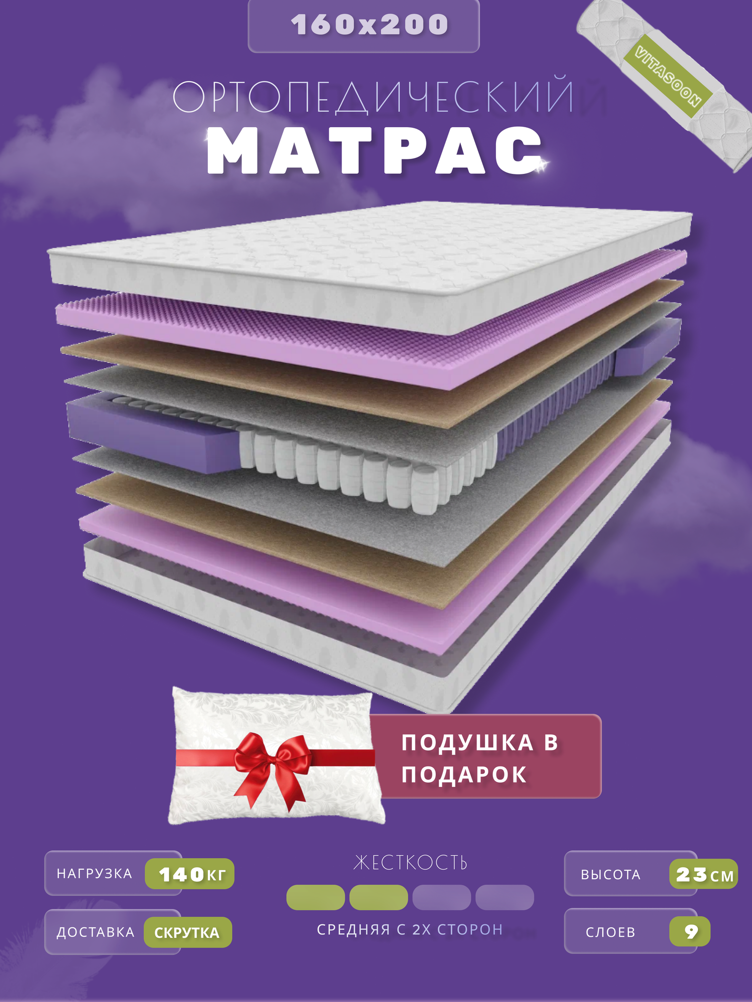 Матрас 160х200 ортопедический VitaSoon SMART Ck пружинный высота 23 см