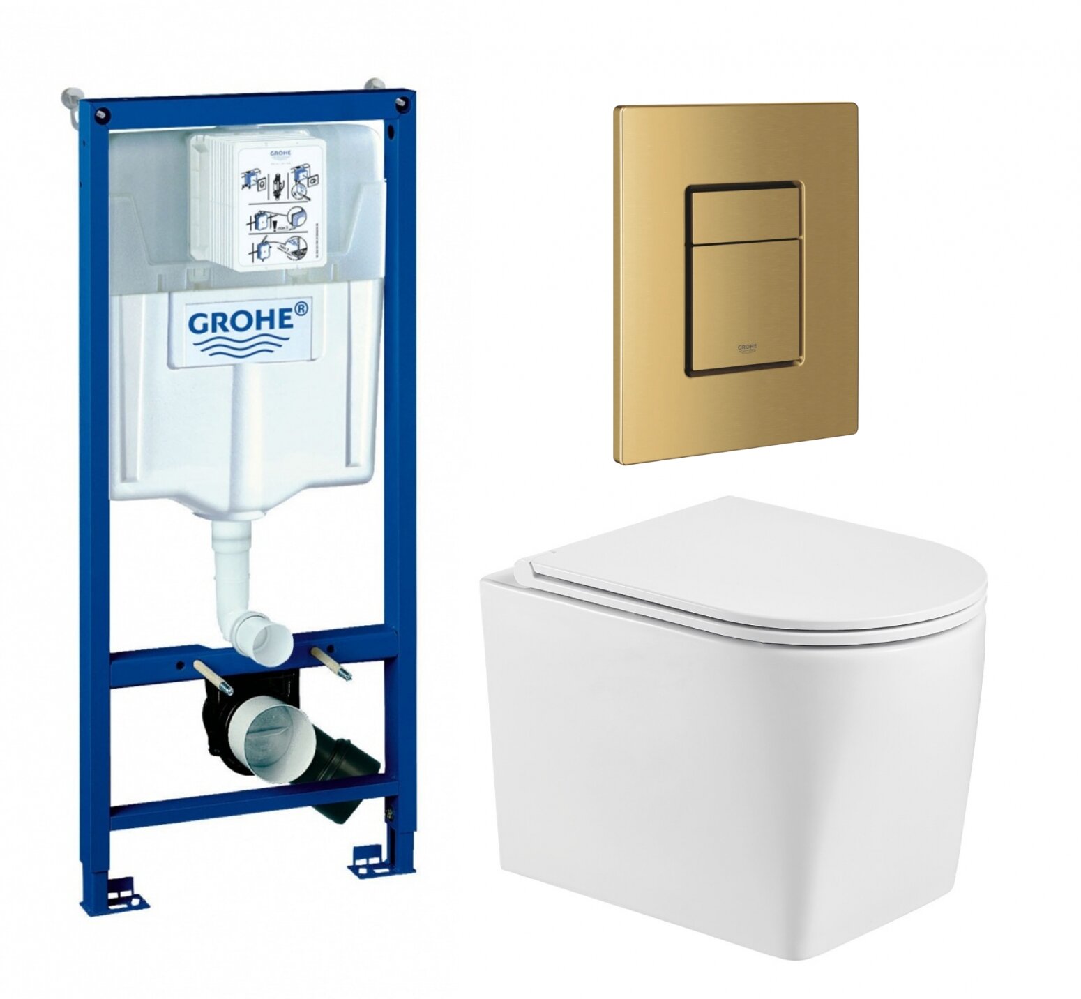Комплект 3 в 1 инсталляция Grohe Rapid SL + Унитаз подвесной WeltWasser Nesenbach 004 GL-WT + кнопка золото, холодный рассвет матовый