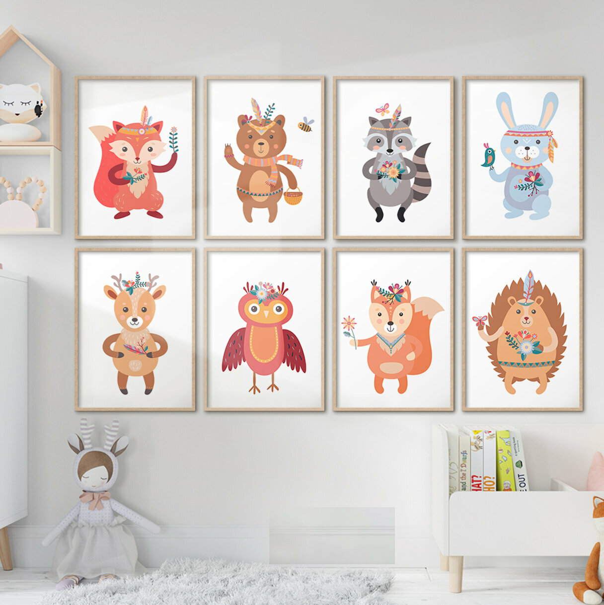 Постер 8 шт 21x30 без рамки "Животные в стиле Бохо для детской" набор картин для интерьера