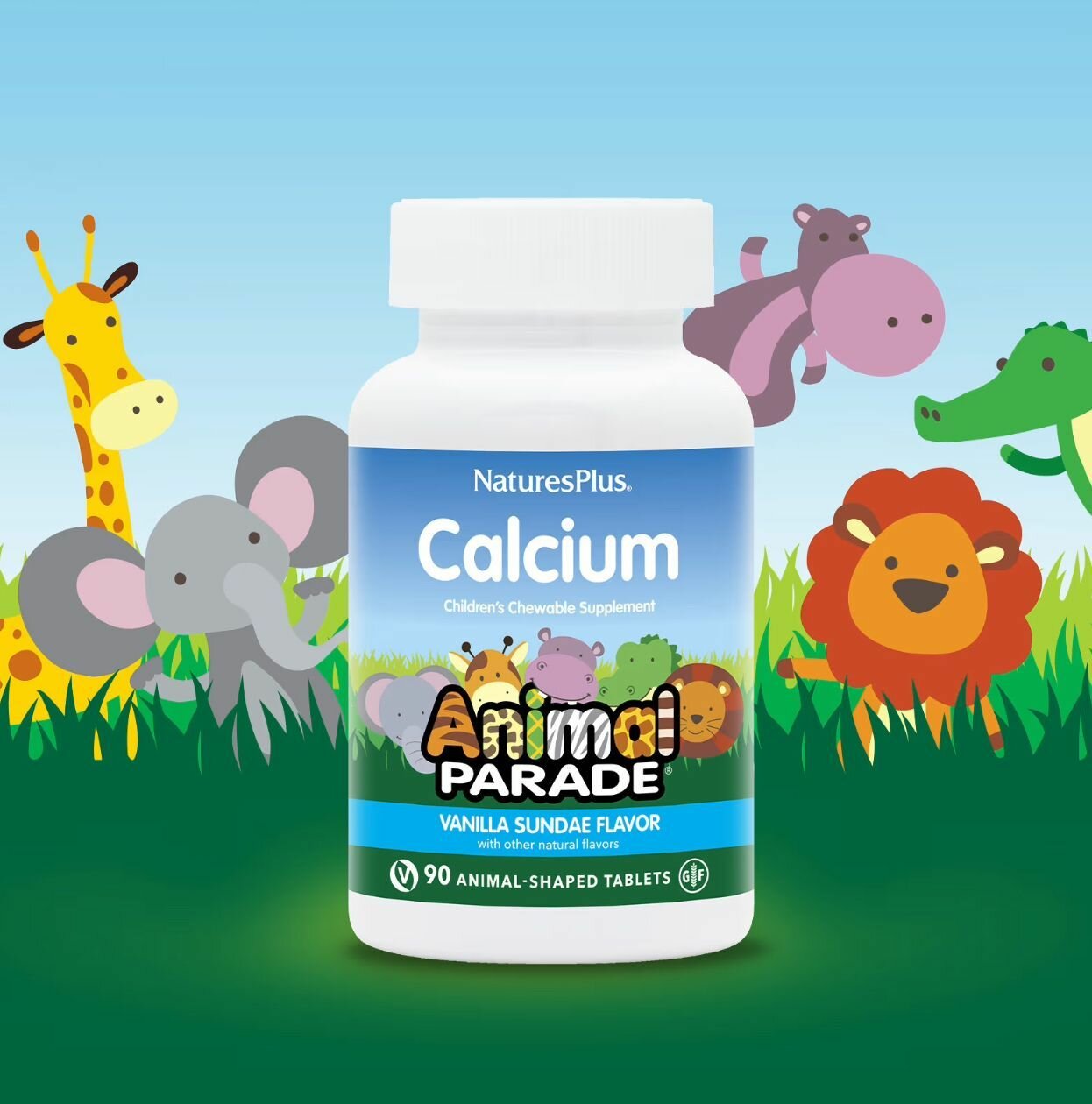 NaturesPlus Animal Parade Calcium 90 chewable tabs Vanila Sundae / Кальций для Детей 90 жевательных конфет в форме животных со вкусом ванильного мороженного Natures Plus США