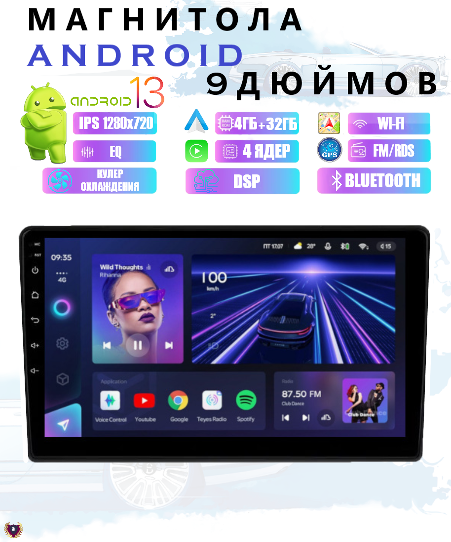 Магнитола Android, 9 дюймов, универсальная, 4-32 ГБ, Android 13, CarPlay, Wi-Fi, IPS экран с разрешением 1280*720, (без переходной рамки!)