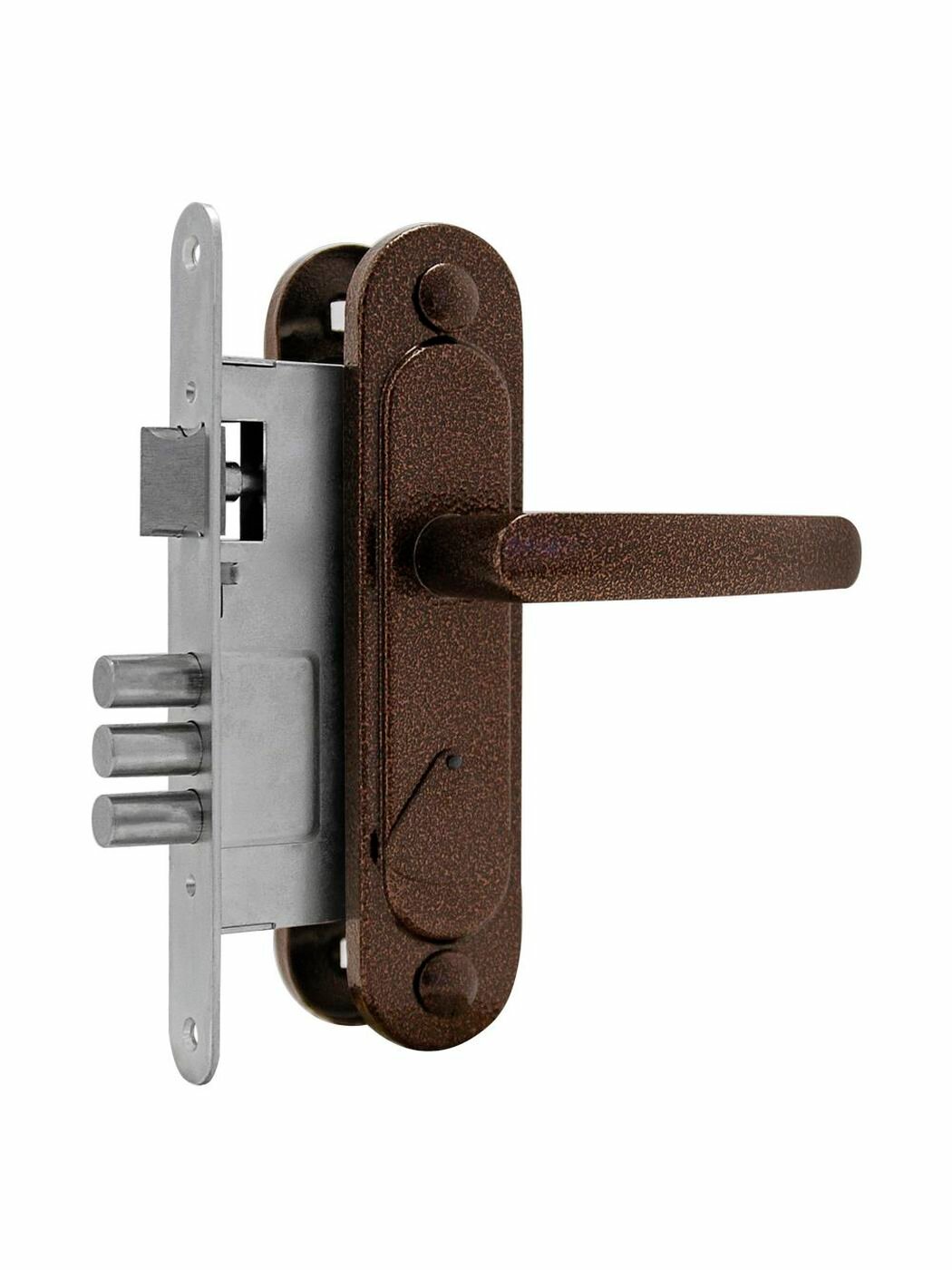 Замок Omega (Омега) врезной сувальдный с защёлкой в комплекте с ручкой ЗВ9.1-01 (медь), 3 кл.