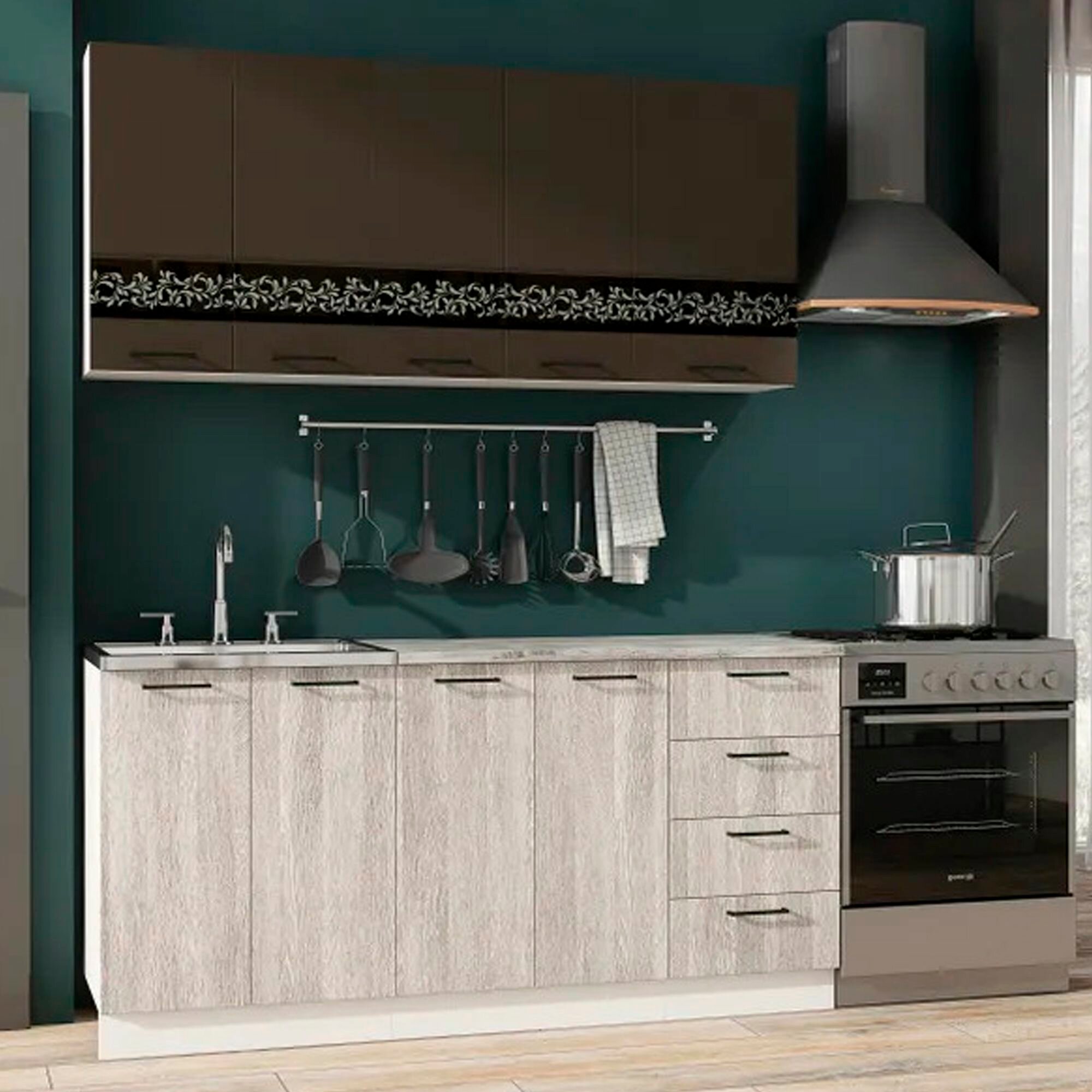 Кухня Милена 1600х600 Смоки софт / Вяз, для кухни, для дома, с полками и выдвижными ящиками