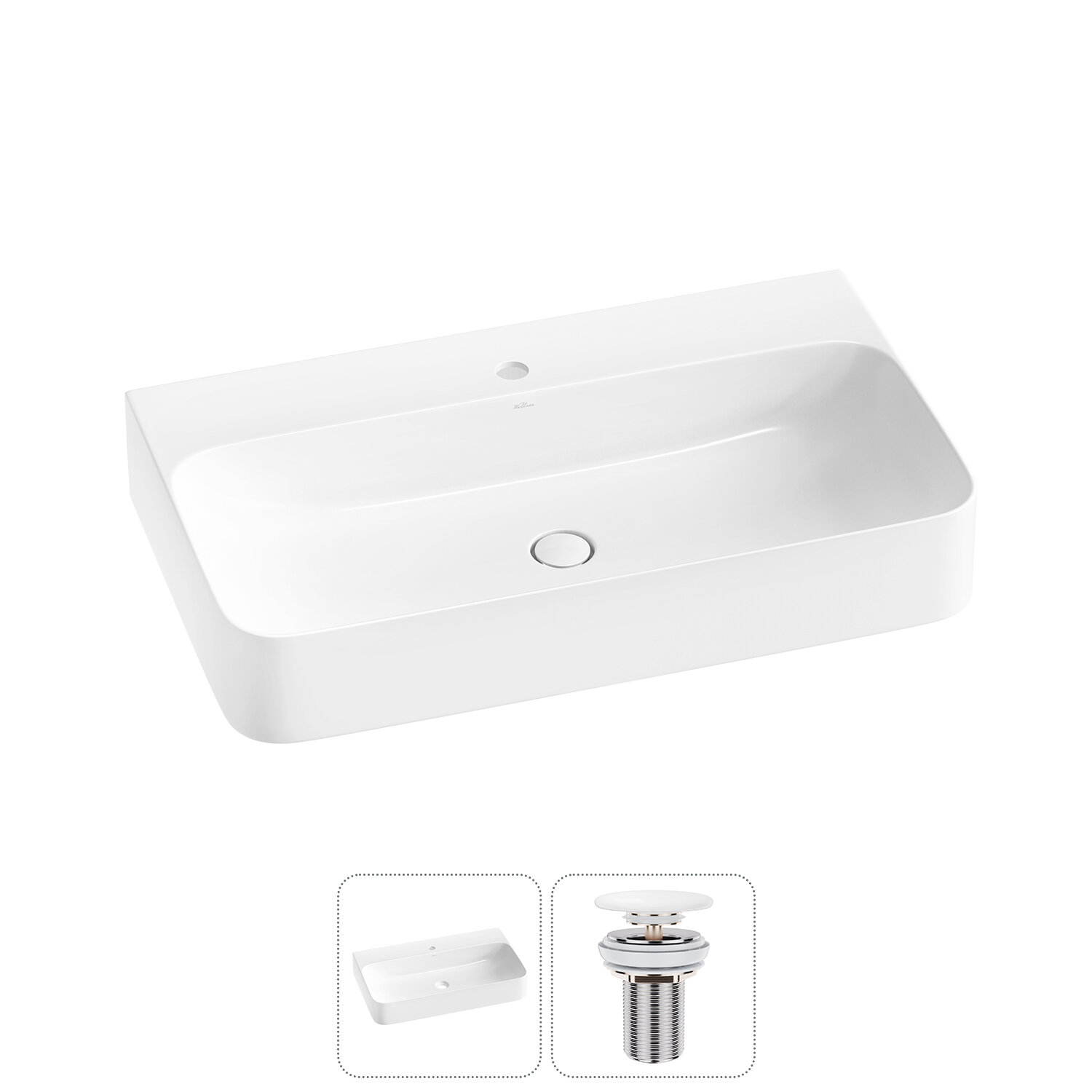 Подвесная или накладная раковина в ванную комнату Wellsee Clermont 302603000 в наборе 2 в 1: раковина 80 см в цвете белый глянец, донный клапан