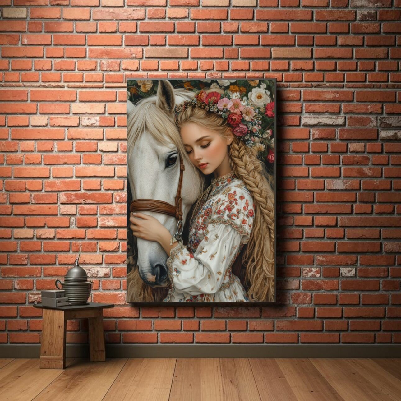 Картина на стену над диваном в русском стиле Русская красавица с конем, 50*70 см