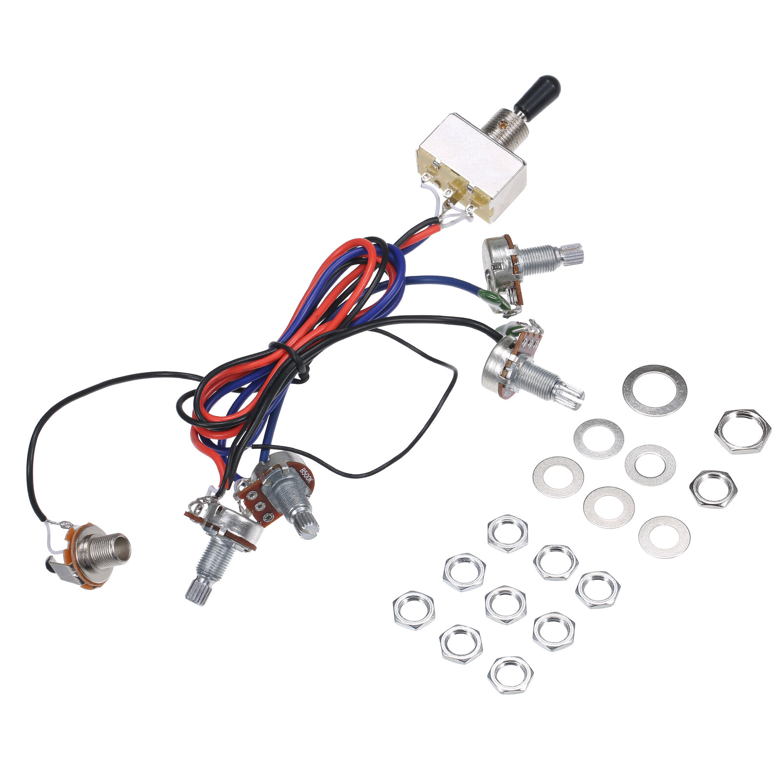 Предварительно собранный комплект проводов для электрогитары LP: потенциометры 2T2V 500K, 3-позиционный тумблер с разъемом, два хамбакера в стиле Les Paul.