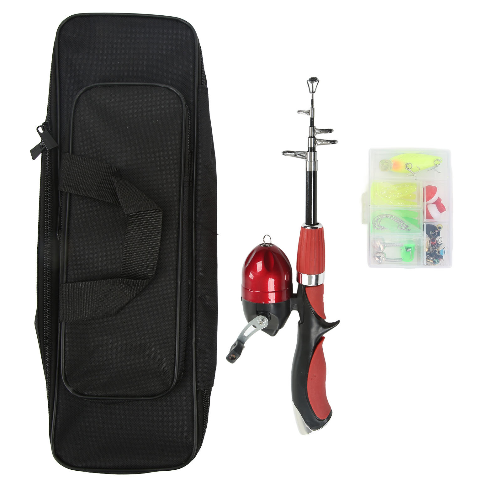 Детский рыболовный набор: удочка, катушка и приманки, конструкция из смолы, сумка для хранения. Полный комплект для детской рыбалки на открытом воздухе для начинающих, красный.