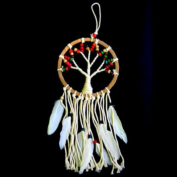 Ловец снов дерево жизни с разноцветными бусинами в деревянном круге (диаметр 16,5 см, длина 45 см.), 1 шт.