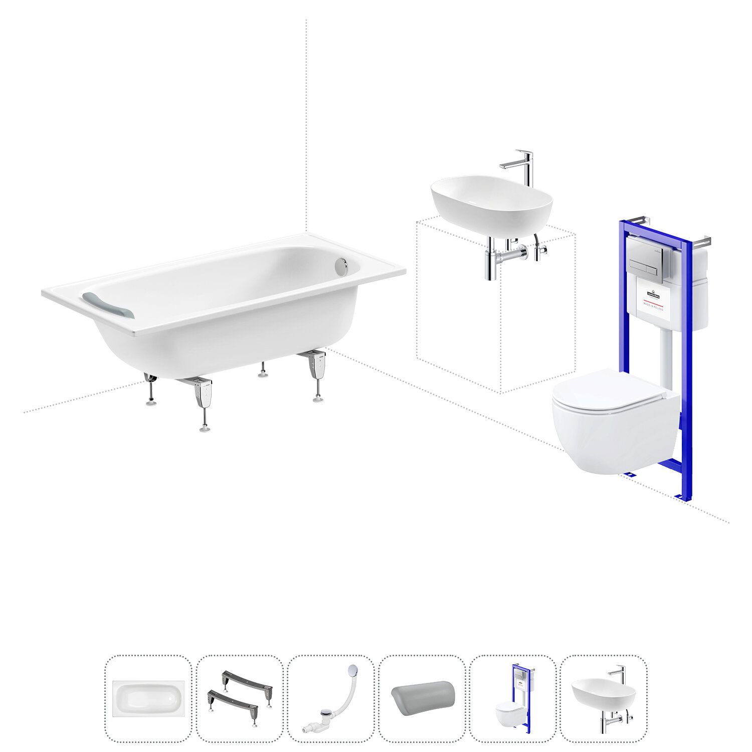 Стальная ванна 130х70 Sanitana BLB Europa 20220777R в наборе 6 в 1: металлическая ванна 130 х 70 см, ножки, слив-перелив, подголовник, инсталляция с унитазом, раковина с комплектом для подключения