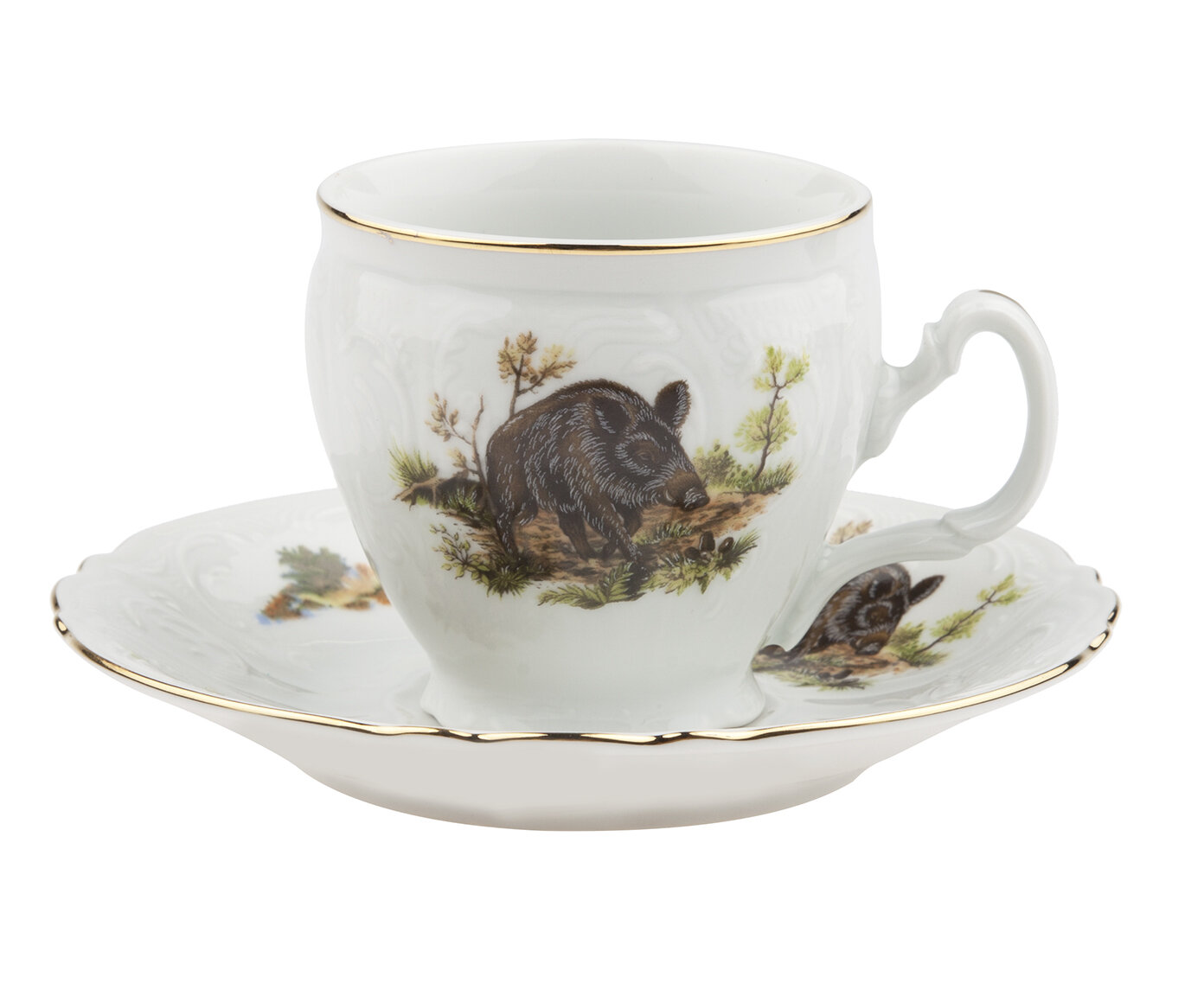 Чашка 240 мл с блюдцем 160 мм высокая; "Bernadotte", декор "Охотничьи сюжеты", 6 шт