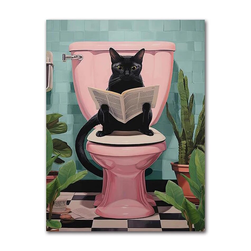 Простая Настенная картина, забавные животные, Черный кот, газета для чтения, печатный плакат на холсте, декоративные картины для дома, туалета, ванной комнаты