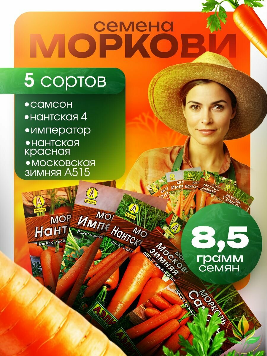 Набор семян 5 сортов моркови Аэлита, 5 пакетиков, 8,5 грамм семян
