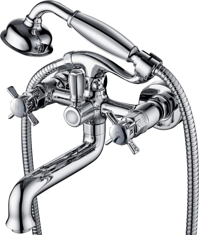 Смеситель для ванны с душем Kaiser Cross 41022 с душевым гарнитуром, настенный, с поворотным изливом, хром, глянцевый, латунный